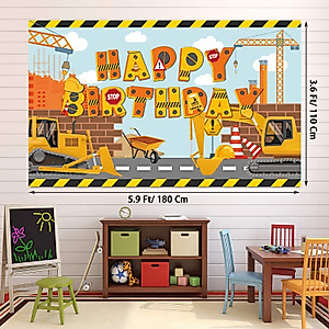 Mpanwen Construction Birthday Party Supplies, 136 Pcs Dump Truck Party Decorations for Boys Baby - Backdrop, Banner, Toppers, Balloons, Cupcakes Wrappers, Party Traffic Signs, Tablecloth