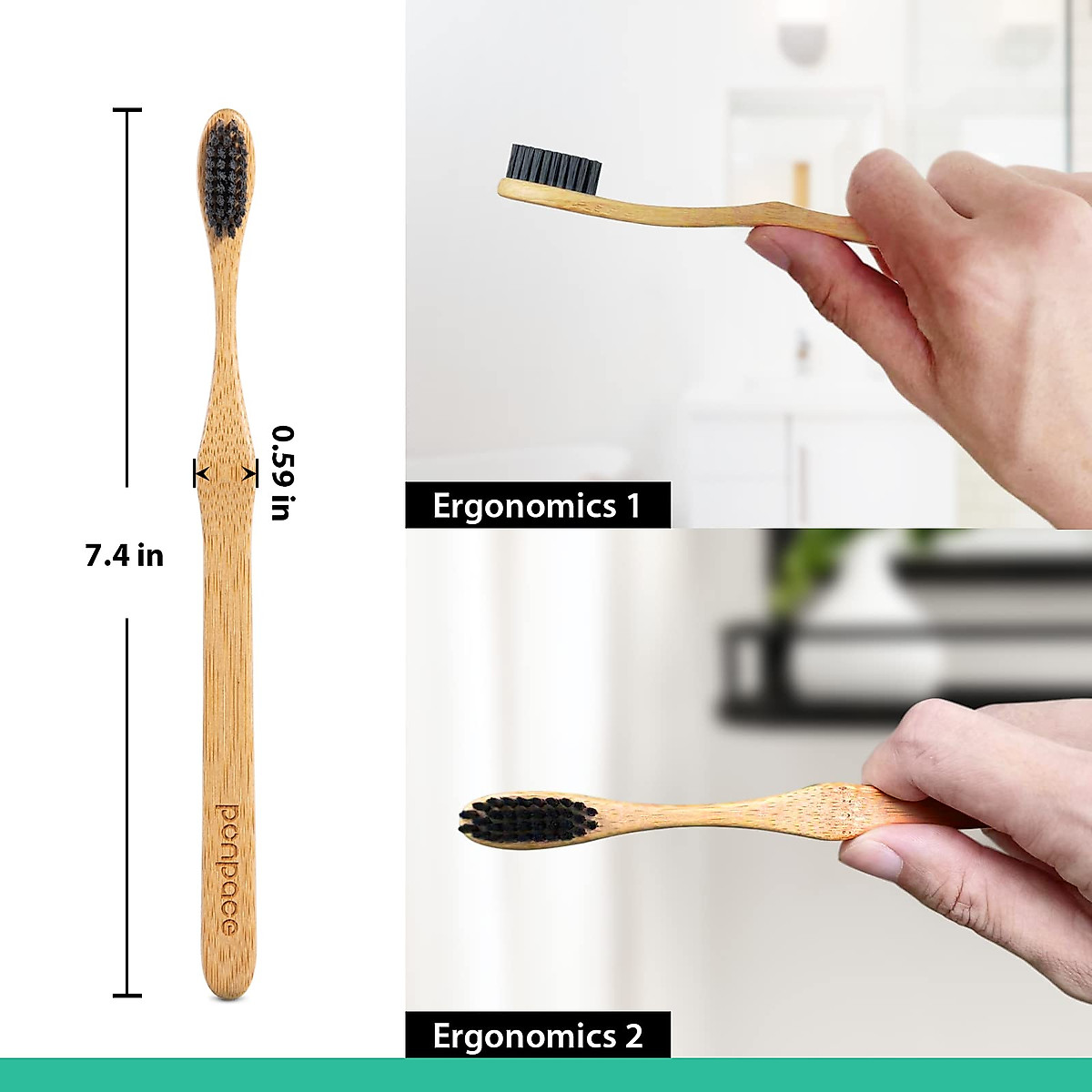 ponpace Biodegradable Bamboo Toothbrushes 4 Pack, BPA Free Soft & Medium Bristles Toothbrushes for Adults, Eco Friendly Wooden Toothbrush