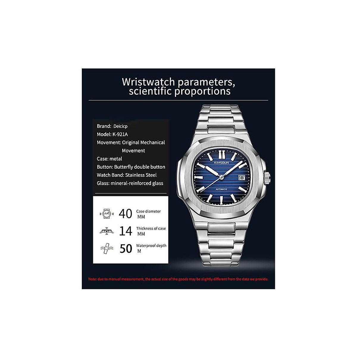 Deicicp Men's Automatic Stainless Steel Nautilus Watch, Classic Elegant Shockproof Waterproof Luminous Sapphire Crystal Analog Watch Business (Blue)