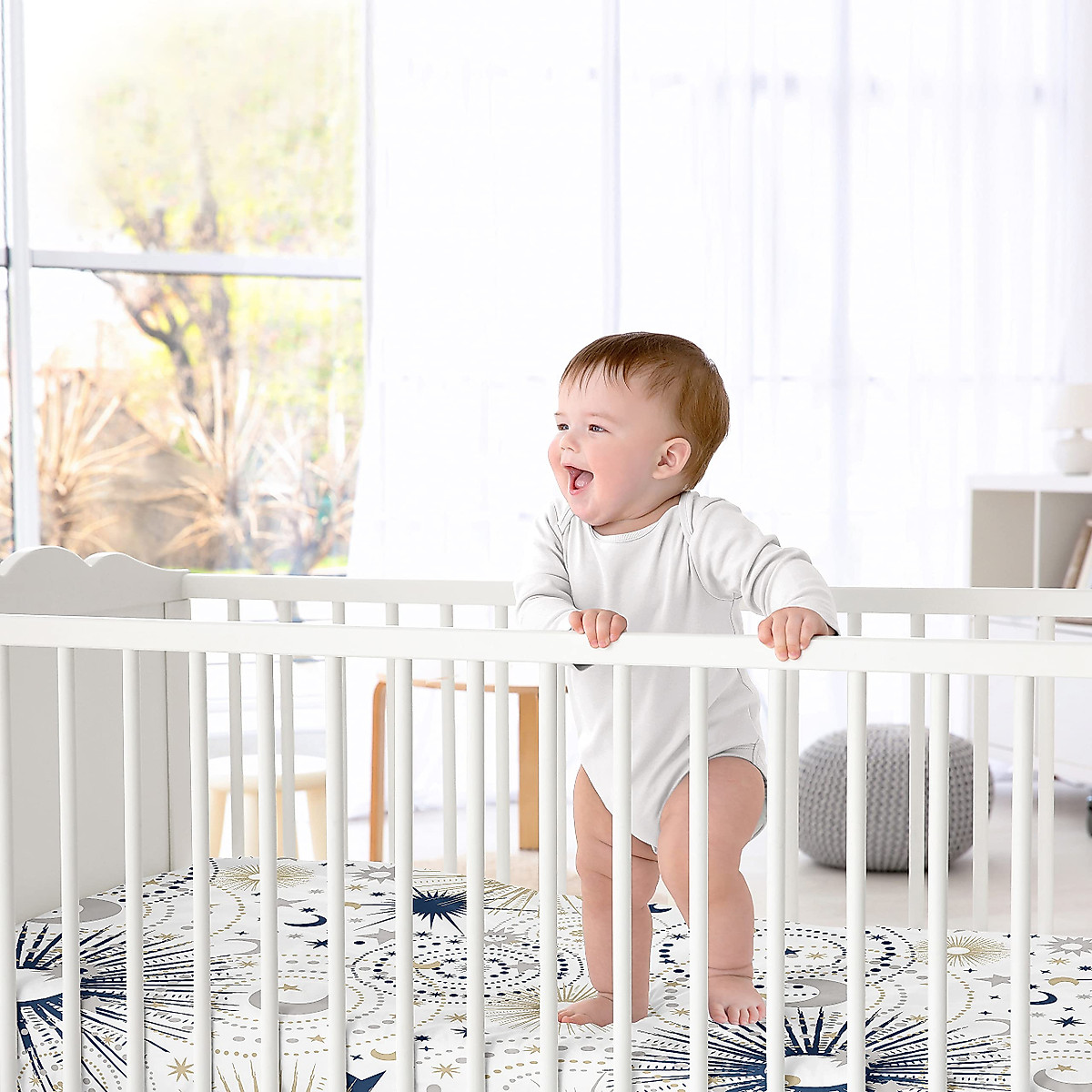 Sweet Jojo Designs Star and Moon Boy or Girl Fitted Crib Sheet Baby or Toddler Bed Nursery - Navy Blue, Gold, and Grey Celestial Sky Stars Gender Neutral Unisex