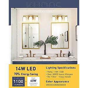 kudos LED Light Fixtures, 12 Inch Gold Flush Mount Ceiling Light Fixture and Brushed Gold Vanity Lights for Mirror, KDCL06-GD, KDVL04-GD-3