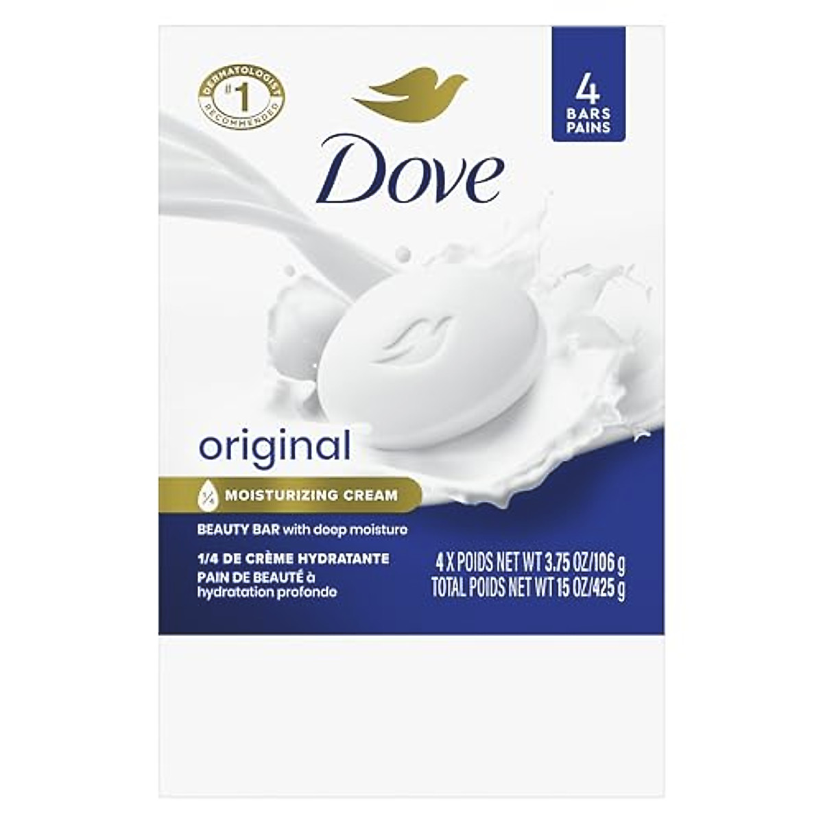 Dove Beauty Bar Soap Original 4 Count for Soft, Smooth Skin, with 1/4 Moisturizing Cream 3.75 oz