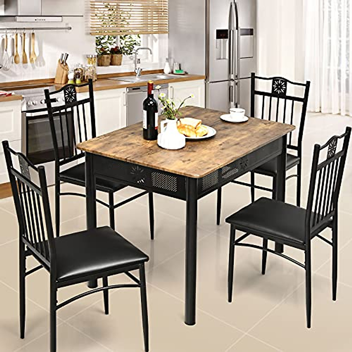 Tangkula 5 Pieces Dining Table and Chairs Set, Vintage Retro Wood Top Metal Frame Padded Seat Dining Table Set Home Kitchen Dining Room Furniture