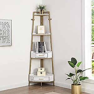 Scoomor Corner Shelf 4 Tier with Drawers, Modern Corner Bookshelf, Free Standing Storage Rack, Plant Stand for Living Room, Home Office, Kitchen, Small Spaces, 72.64’’ Tall (Gold)