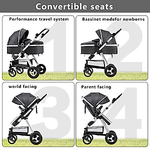 Blahoo Baby Stroller for Newborn, 2 in1 High Landscape Stroller, Foldable Aluminum Alloy Pushchair with Adjustable Backrest.Adjustable Awning, Variable Seat and Recliner(Black)