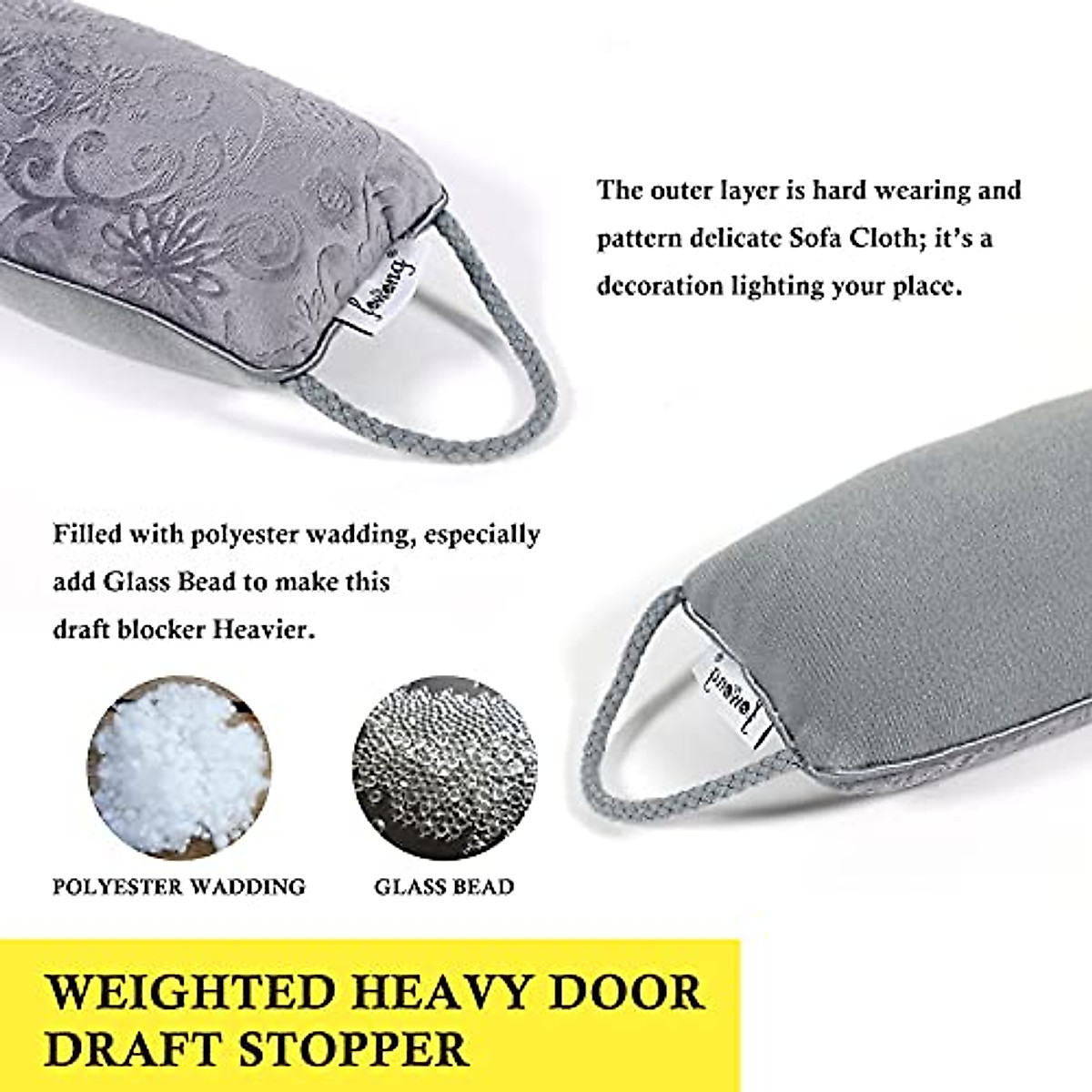 fowong Door Draft Stopper 38 Inch Weighted Under Door Draft Blocker Soundproofing Guard Wind Blocker with Hook Tapes for Easy Install, Grey