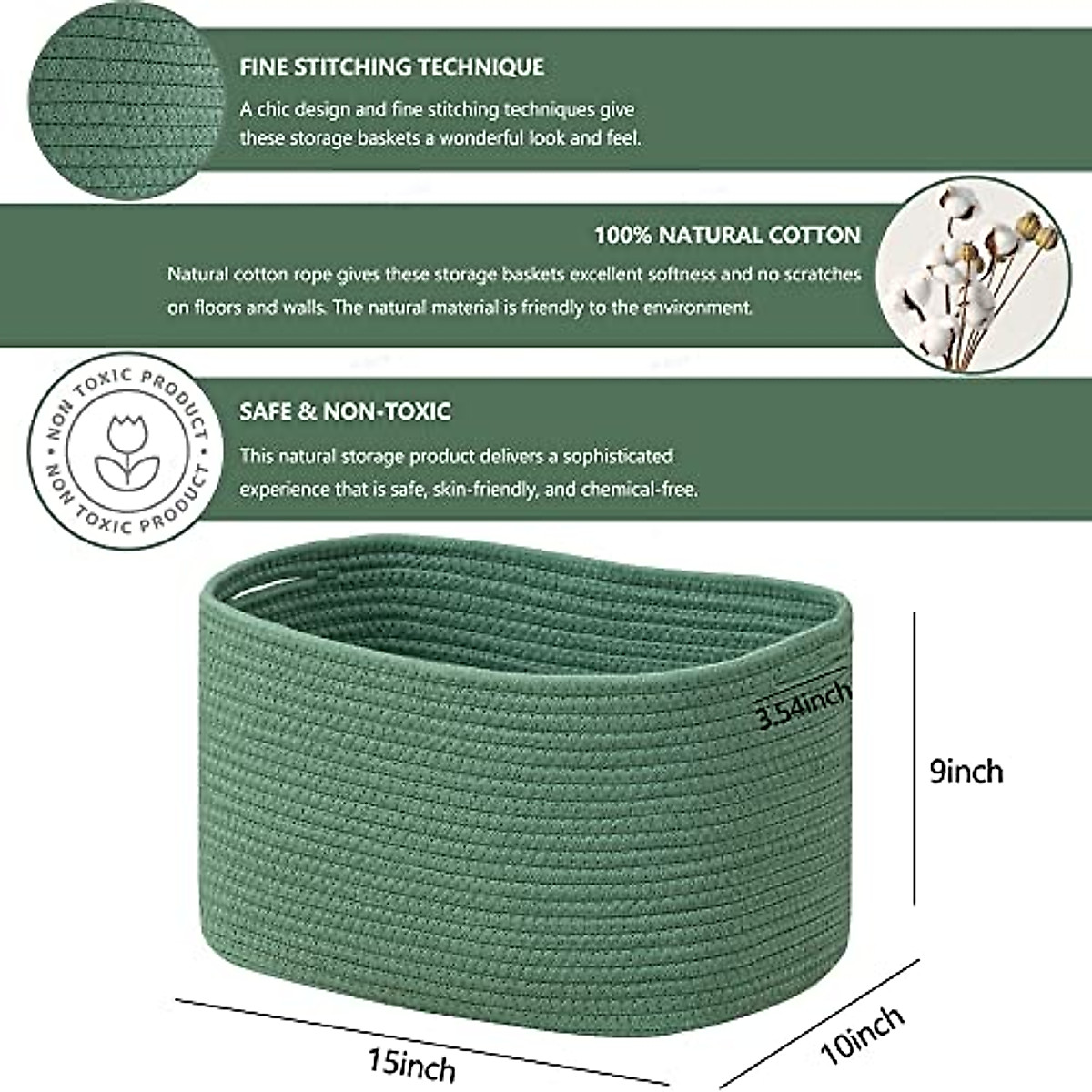 UBBCARE Storage Baskets for Shelves, 15x10x9'' Larger Woven Basket for Storage&Organizing, Cotton Rope Basket Cube Storage Organizer&Shelf Basket, Toy Organizer Storage Basket, Green