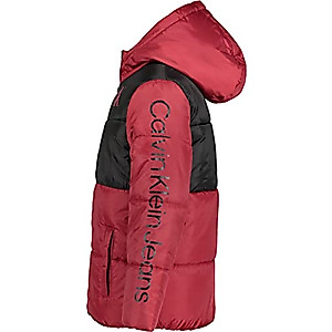 Calvin Klein Boys' Heavyweight Hooded Bubble Jacket with Polar Fleece Lining, Red Carpet, 5