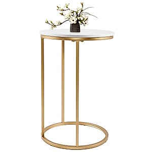 RiteSune Round C Shaped End Snack Side Table Slide Under Couch with Marble Top for Sofa Coffee Laptop Living Room Bedroom Small Space, 16" D x 24" H