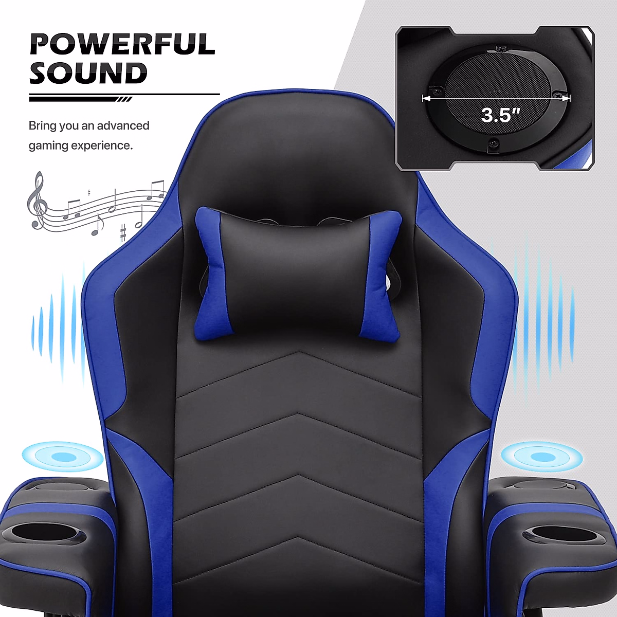 MoNiBloom Massage Video Gaming Chair with 2 Speakers, Swivel Ergonomic Gaming Lounging Pedestal Recliner Chair with Neck Support, Built-in Cupholders and Storage Bag, Comfortable Theater Chair, Blue