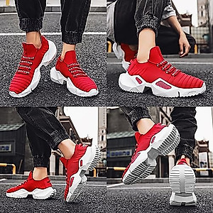 Men's Knit Lace Up Casual Sneakers Running Shoes,Fashion Breathable Mesh Slip On Platform Non-Slip Athletic Walking Shoes Outdoors Gym Training Shoes (Red,11.5)