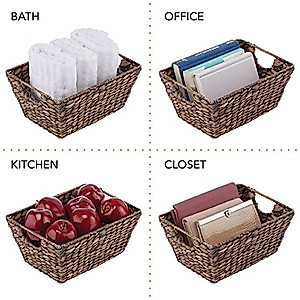 mDesign Natural Woven Hyacinth Closet Storage Organizer Basket Bin for Kitchen Cabinets, Pantry, Bathroom, Laundry Room, Closets, Garage - 4 Pack - Dark Brown