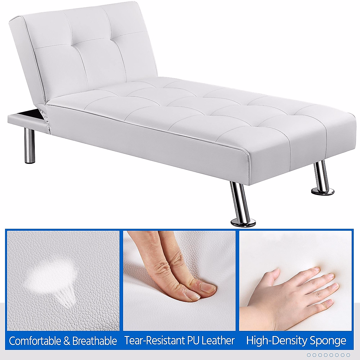 Yaheetech Sectional Living Room Couch Sofa Bed Faux Leather Sofa Couch Bed Modern Convertible Folding Recliner with Chrome Metal Legs for Living Room in White