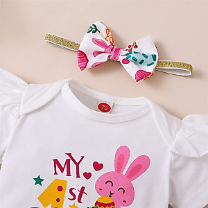 Vedext Baby Girl Easter Outfits Short Sleeve Rabbit Romper Bodysuit+ Bunny Suspender Skirt +Bunny Headband Newborn Girl Easter Clothes (Rabbit White, 0-3 Months)