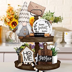 6 Pieces Farmhouse Tiered Tray Decor Items Gnomes Plush Home Sweet Home Decor Mini Signs Rolling Pin Wood Beads Garland Tiered Tray Decorations Set for Spring Summer Home Kitchen Shelf
