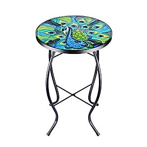 VCUTEKA Patio Side Table Plant Stands Outdoor Accent Table Small Mosaic Table Glass Top Round Balcony Coffee Table