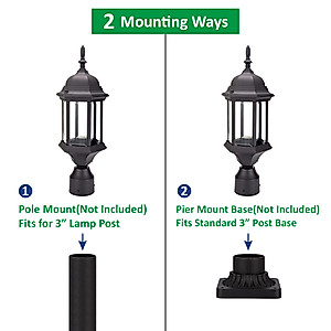 LIT-PaTH Outdoor Post Lighting Fixture Pole Lantern, E26 Medium Base Max 60W, Aluminum Housing Plus Glass, 1-Pack, Black Finish