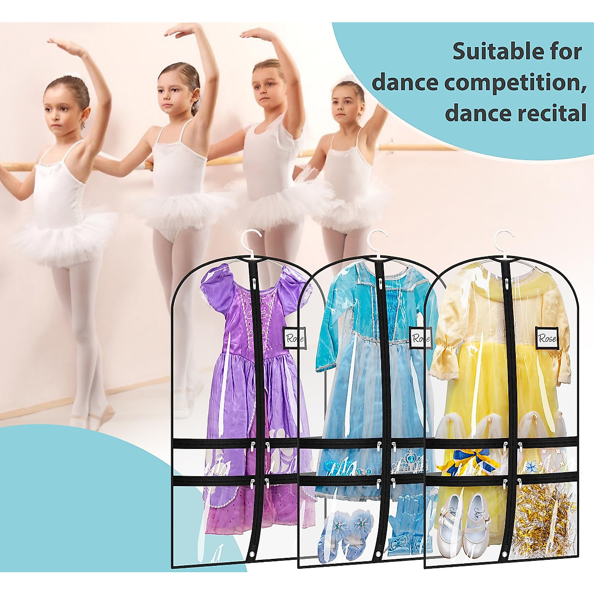 SLEEPING LAMB 3 Packs Clear Dance Garment Bags for Dancers with 4 Pockets, 40" Kids Dance Costume Garment Bag, Hanging Clothes Cover for Dance Competition, Recital, Travel & Closet Storage, Black