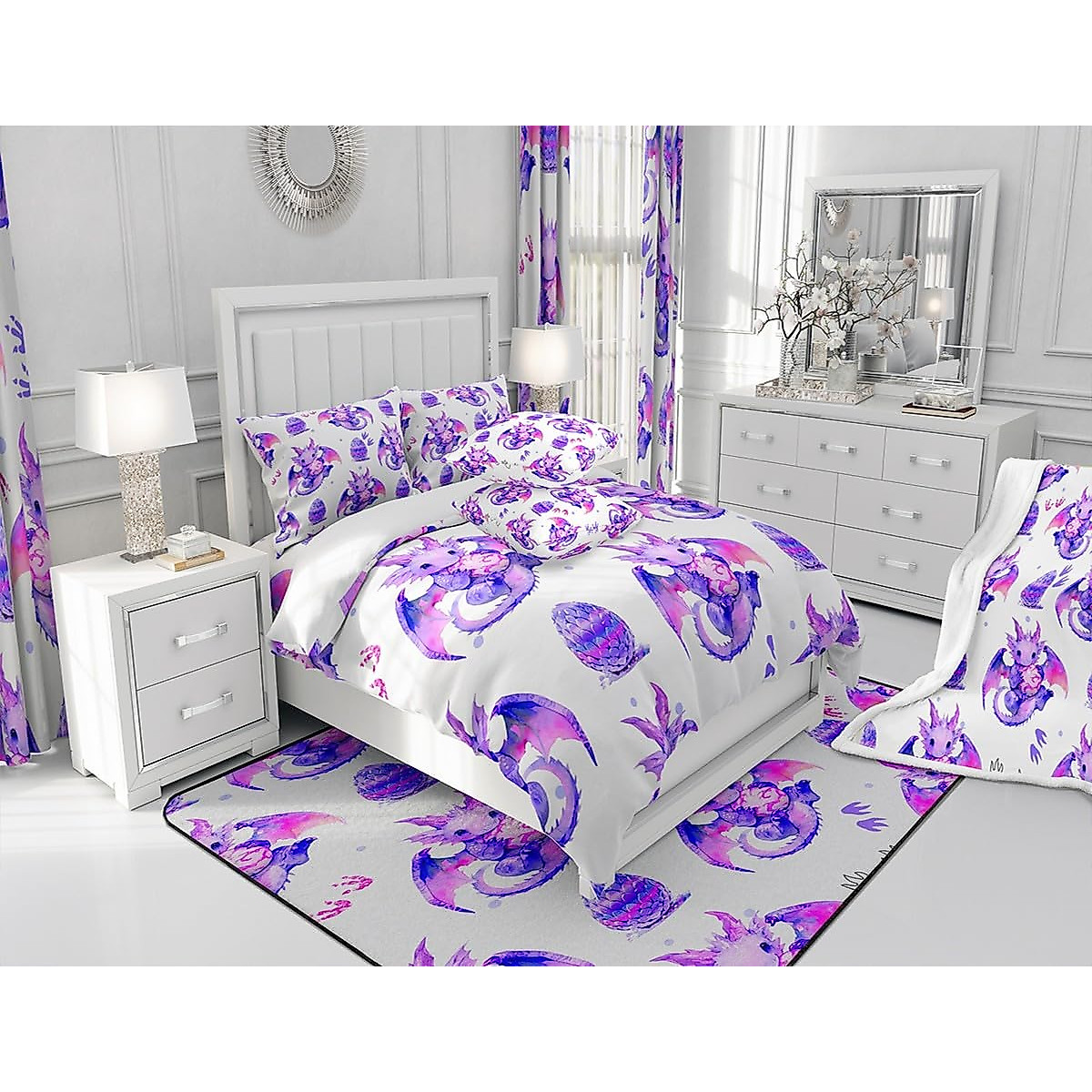 Feelyou Cartoon Dragon Bedding Set Twin Size Kids Dragon Egg Print Comforter Cover Set for Boys Girls Wild Animal Duvet Cover 3D Dragon Purple Bedspread Cover Room Decor Quilt Cover