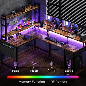 Huuger L Shaped Desk Computer Desk with LED Lights & Power Outlets, Gaming Desk with Storage Shelves, Corner Desk Home Office Desks for Bedroom, Rustic Brown