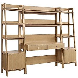 Modway Bixby 3-Piece Home Office Desk and Bookshelf Display Case in Oak