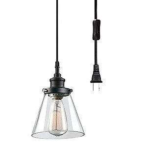 Globe Electric 65580 1-Light Plug-in Pendant, Matte Black, Clear Glass Shade, E26 Base Socket, Kitchen Island, Café, Decorative, Ceiling Hanging Light Fixture, Modern, Vintage, Home Improvement