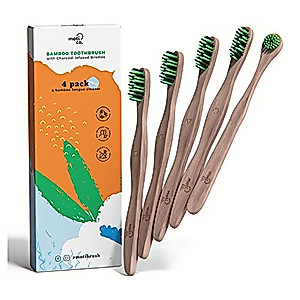 MOTI CO. Bamboo Toothbrushes 4 Pack - Tongue Cleaner Gift Inside - Soft Charcoal Bristles - Eco-Friendly and Biodegradable - Healthier Teeth and Planet
