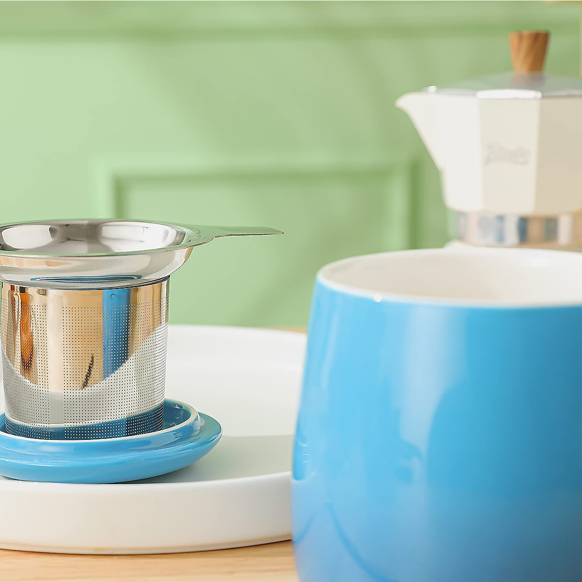 Henten Home Ceramics Tea Cup with Loose Leaf Infuser, Spoon and Lid, 15oz, Large Tea infuser Mug for Tea, Coffee, Milk-Microwave and Dishwasher Safe(15oz,Navy Blue)