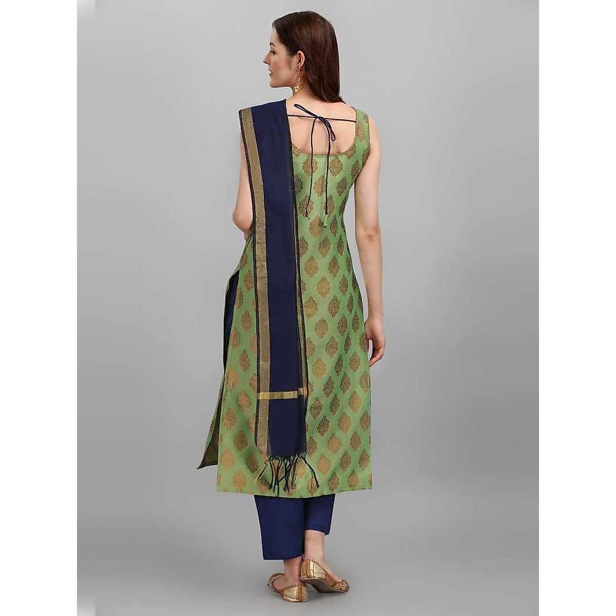 VredeVogel Women's Motifs Silk Blend Kurta Pant and Chanderi Dupatta Set, Pista