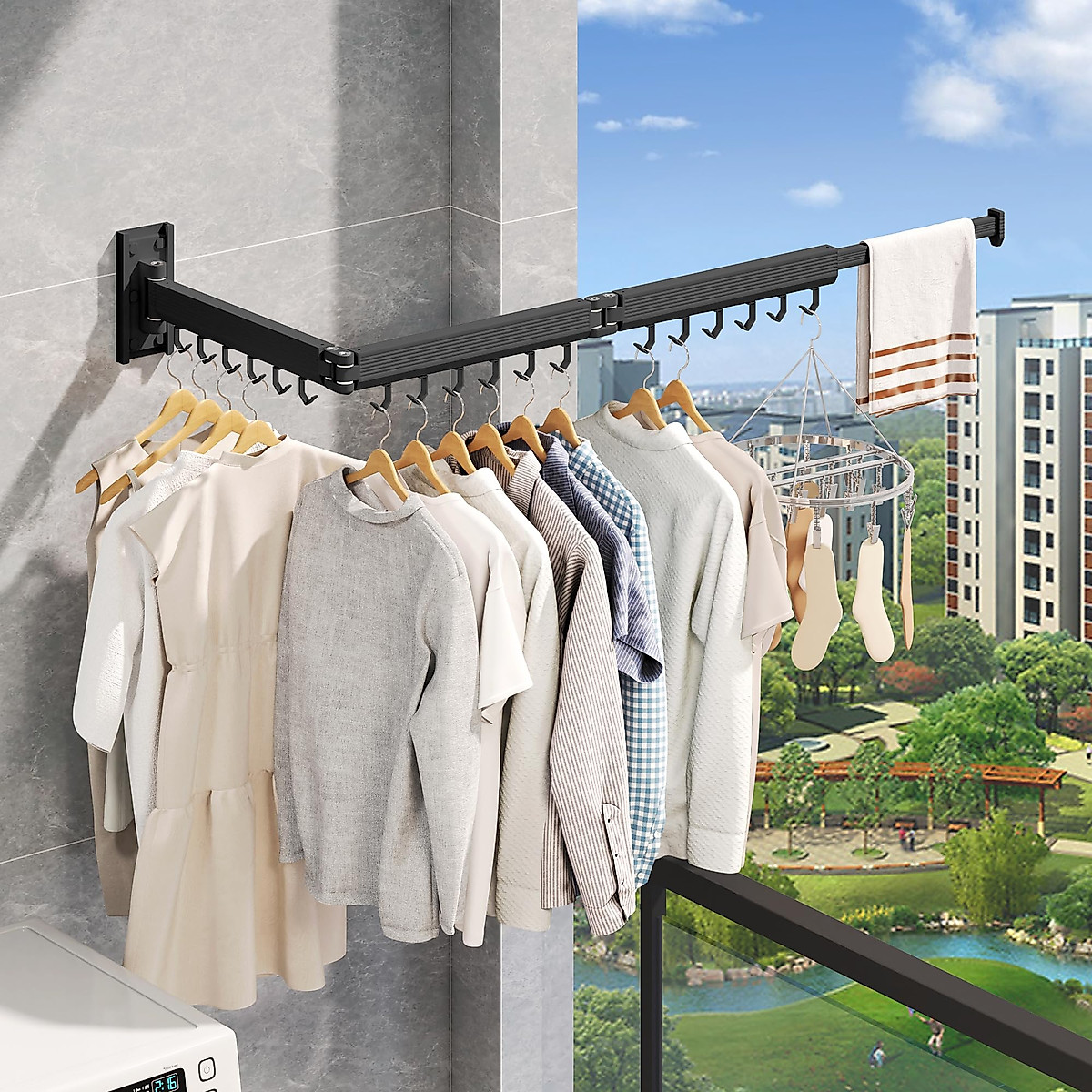 CHAHUANV Wall Mounted Clothes Drying Rack,Laundry Drying Rack Wall Mount,Laundry Clothes Hanger,Drying Rack Clothing,Retractable Laundry Rack for Hanging Clothes,Collapsible,Foldable,Black-Hooks