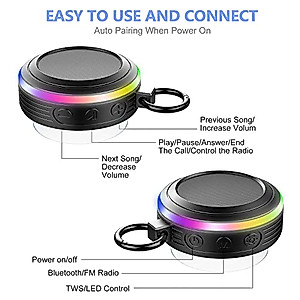 Portable Bluetooth Speaker with Light Show, IPX7 Waterproof Shower Speaker with FM Radio and Built-in Microphone,Bluetooth Speakers for Shower,Travel,Running,Mountaineering,Camping and More Outdoor