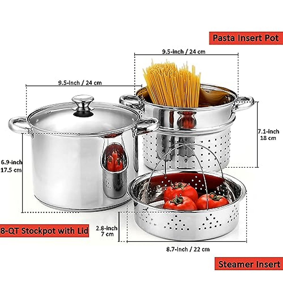Cook N Home 4-Piece 8 Quart Multipots, Stainless Steel Pasta Cooker Steamer