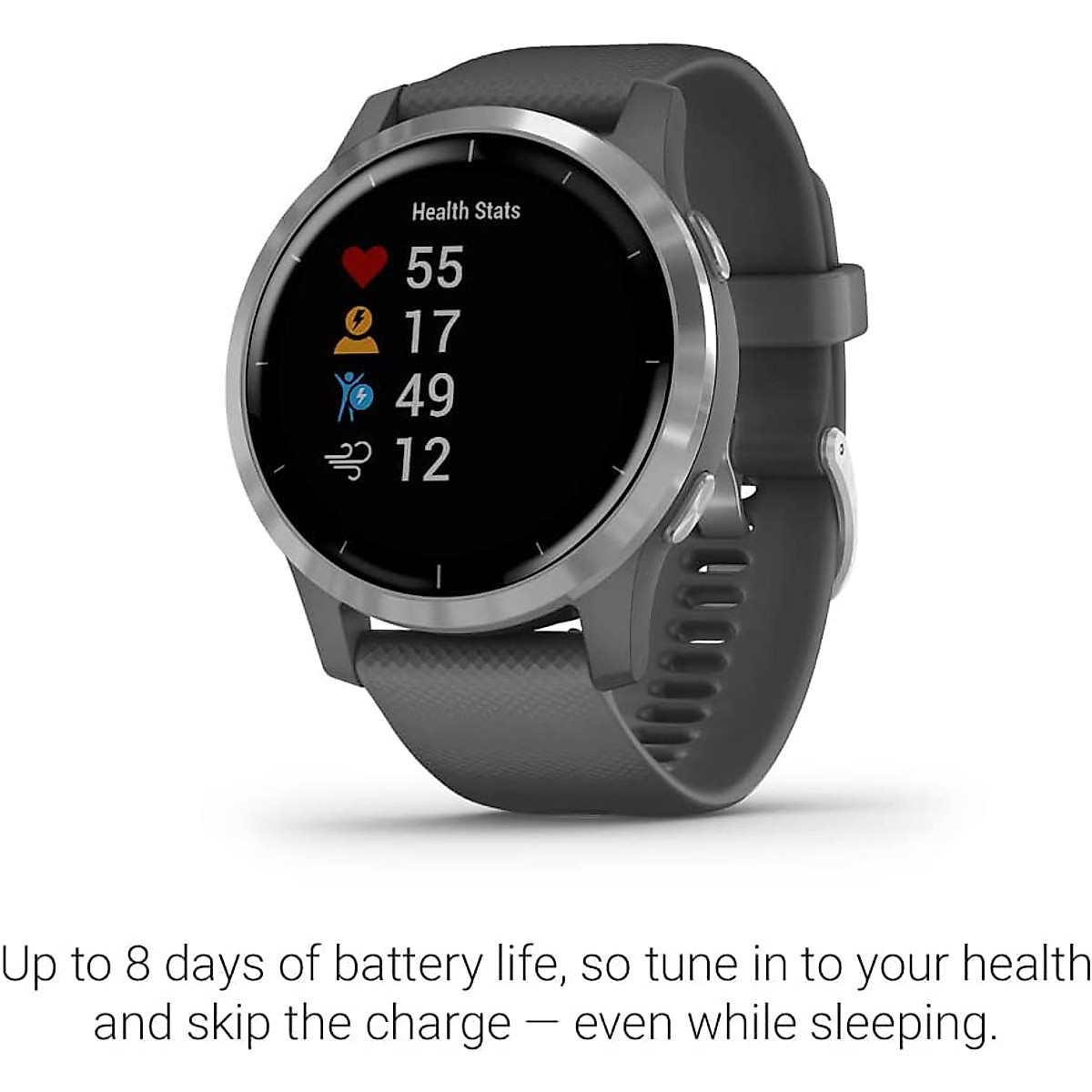 Garmin 010-02174-01 Vivoactive 4, GPS Smartwatch, Features Music, Body Energy Monitoring, Animated Workouts and More, Silver with Gray Band (Refurbished)