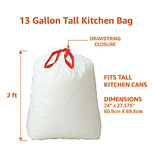 Amazon Basics 13 Gallon Tall Kitchen Drawstring Trash Bags, Clean Fresh Scent, 10% Post Consumer Recycled, 80 count