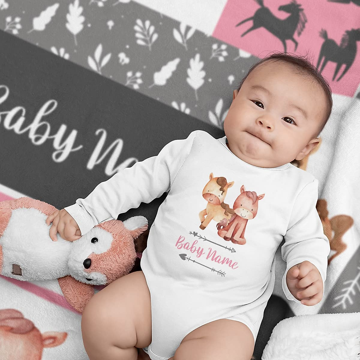 Ruby Star Personalized Baby Blanket for Girl, Cozy Plush Fleece Blanket, Custom Baby Name, Includes Baby Onesie and BIB, Bankets for Kid (Horse Woodland) Full