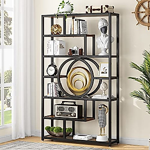 LITTLE TREE 72 Inch Industrial Bookshelf, Etagere Bookcase with 11-Open Shelf, Wood and Metal Bookshelves, Modern Book Shelves Storage Rack Display Shelf for Office, Living Room