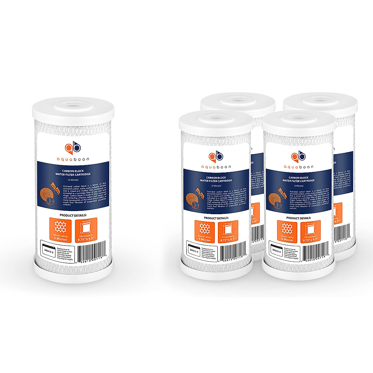 Aquaboon 1-Pack Coconut Shell Water Filter Cartridge | Universal Whole House 5 Micron 10 x 4.5 inch Cartridges & Aquaboon 4-Pack of 5 Micron 10" Coconut Shell Water Filter Replacement Cartridges