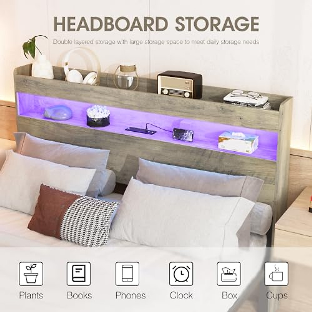 Grey Full Size Bed Frame with 2-Tier Wooden Storage Headboard and Charging Station Modern Upholstered Platform Full Bed Frame with RGB LED Lights Metal Support,No Box Spring Needed,Noise Free,Gray