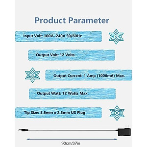 12V DC Power Supply 1A Universal AC Adapter, 100-240 50/60Hz AC to DC 12 Volts 1Amp Power Adapter Transformer, DC 12V Power Cord, 5.5mm x 2.5mm DC Plug & 1Tip