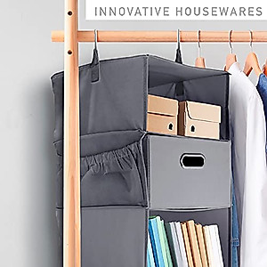 Closet Organizer Hanging Shelves, 6 Shelf Closet Storage with 5 Storage Drawers & Purpose Made Pockets, Jewelry Shoe Organizer Drawer Organizers, Perfect for Organization and Storage (Light Grey)