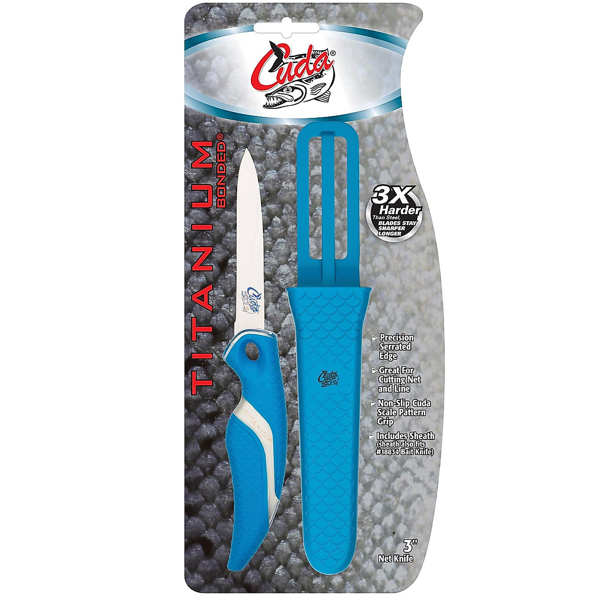 CUDA 3" Net Knife Saltwater & Freshwater Serrated Edge Titanium Bonded Stainless Steel Blade Knife with Non-Slip Scale Pattern Grip | Sheath Included