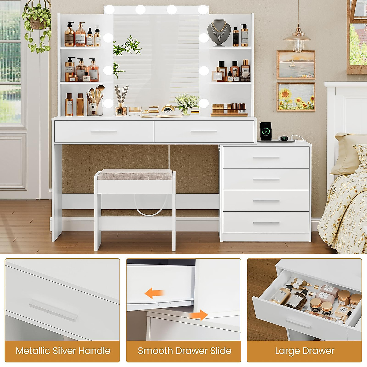 Quimoo 48" Large Vanity Desk with Mirror & Lights, Makeup Vanity Table with 6 Drawers & Power Outlet, 4 Open Storage Shelves, Vanity Desk Set with Stool, for Women Girls, White