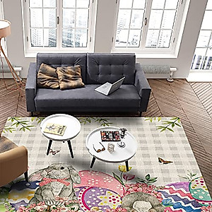 Easter Area Rugs for Living Room/Bedrooom, 2'x3' Area Rug Non-Slip, Cute Bunny Eggs Spring Floral Tulip Botanical Grey Plaid Kids Room Area Rug Washable Accent Floor Carpet Runner Indoor Outdoor