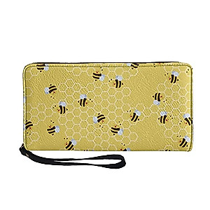 Coldinair Cute Honey Bee Print Zip Around Wallet for Women Cell Phone Holder Clutch Travel Purse with Wristlet