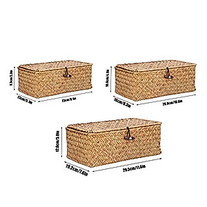Yuehuamech Woven Storage Basket with Lid Natural Seagrass Organizer Box Rectangular Shelf Basket Bins Rattan Wicker Storage Case for Clothes Makeup Jewellery (L)