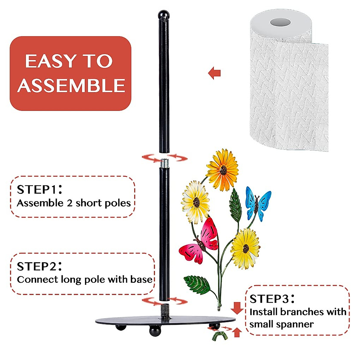 Starsoul Butterfly Sunflower Napkin Holder Black Metal Standing Paper Towel Holders Weighted Rustic Paper Roll Holder Decorative Paper Towel Holder Countertop for Kitchen