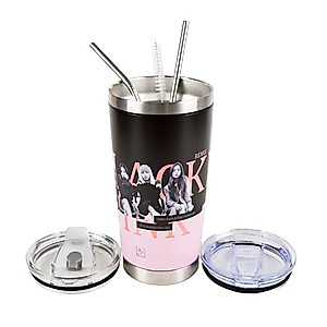 Maxerkeep 20OZ Tumbler with Leak-Proof Straw Lid & Flip Lid， 2 Metal Straws,1 Cleaning Brush，Insulated Coffee Mug Water Cup Black and Pink water bottle jisoo jennie rose lisa