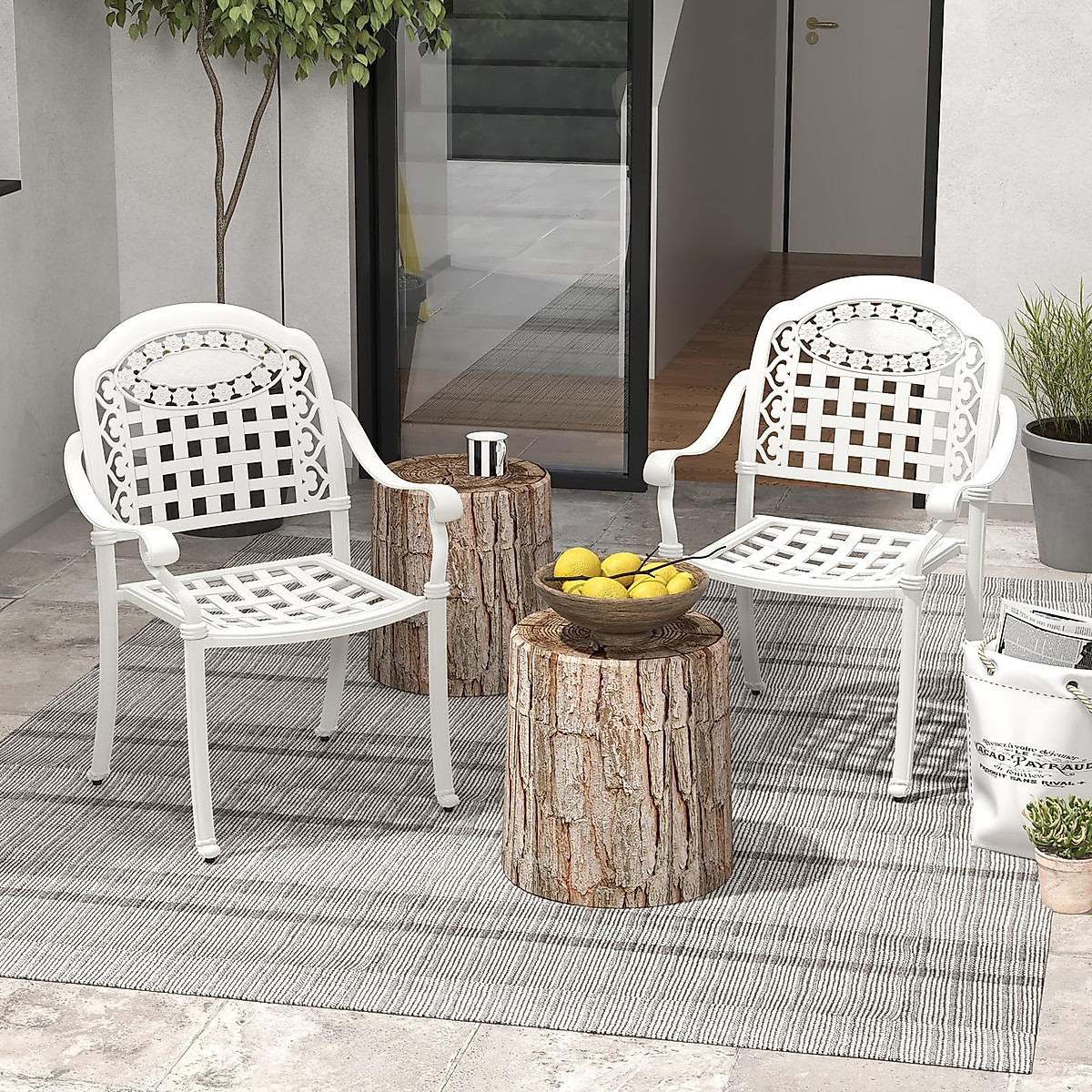 Giantex Stackable Outdoor Chairs Set of 2, All Weather Cast Aluminum Patio Chairs for Lawn Porch Garden Yard, Bistro Dining Chairs with Armrests, Adjustable Foot Pads, Easy Assembly (1, White)