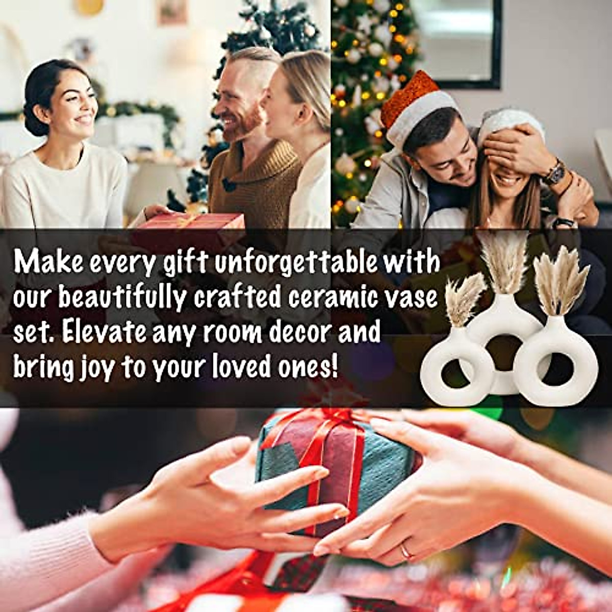 Ceramic Hollow Donut Vase Set of 3 for Pampas Grass | Neutral Modern Home Decor, Small Boho Minimalist Round White | Japandi Clay Beige Decorative for Bedroom, Living, Wedding, Office, Coffee Table