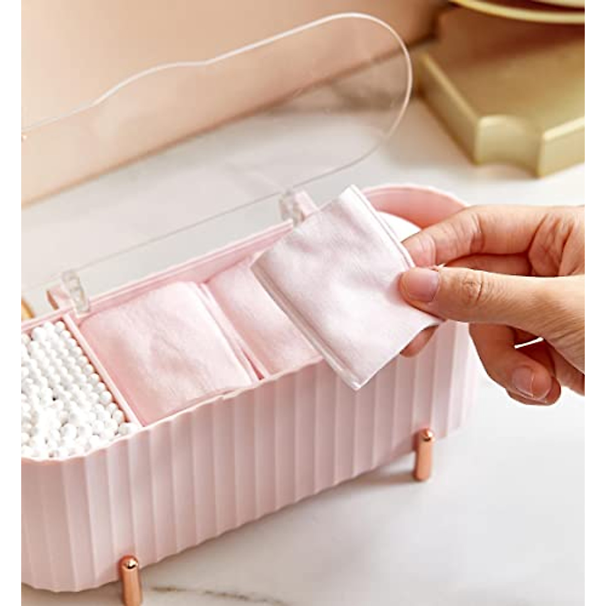 FKOG Pink Qtips Holder, Multi-functional Bathroom Storage Organizer, Detachable 3 Grids Separate Cotton Swabs Dispenser for Cotton Ball Cotton Pads Swabs Ball Floss (Pink)